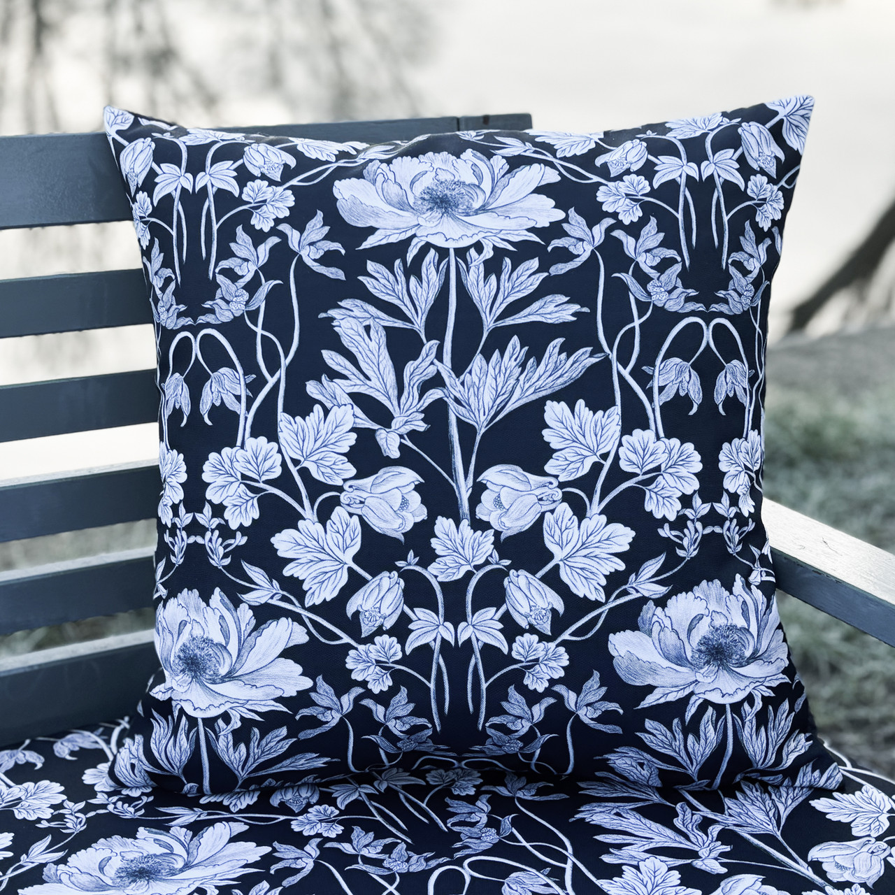 Water Resistant Garden Outdoor Cushion - Summer Navy Blue Floral Design ...