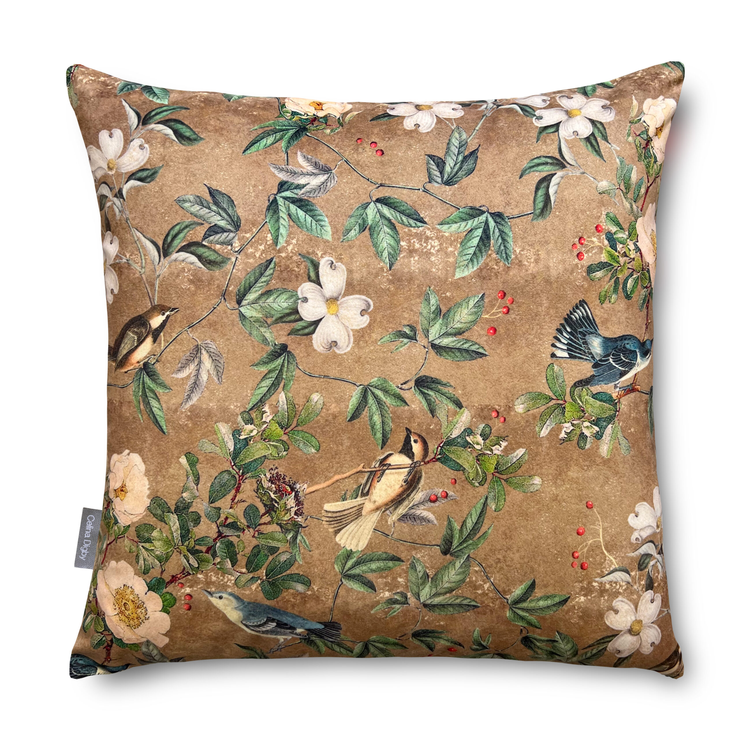 Luxury Super Soft Velvet Cushion - Wild Rose Antique Gold, Birds ...