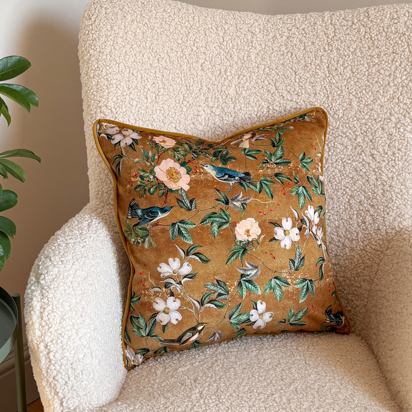 Luxury Super Soft Velvet Cushion - Wild Rose Antique Gold, Birds ...